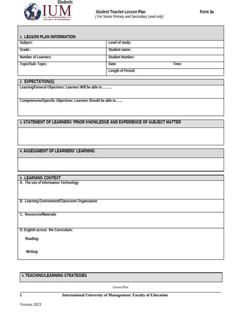 Secondary School Lesson Plan Template Pdf