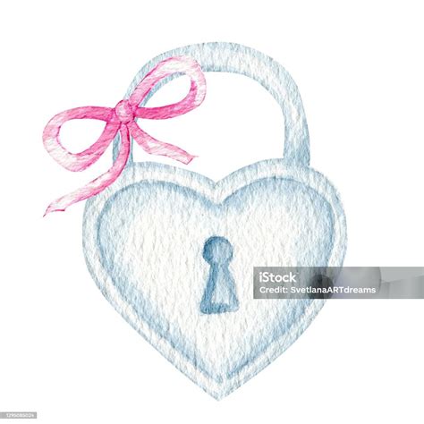 핑크 리본 리본 나비 로맨스 사랑 발렌타인 데이 개념 흰색 배경에 고립 된 일러스트와 수채화 하트 잠금 자물쇠 자물쇠 강철에