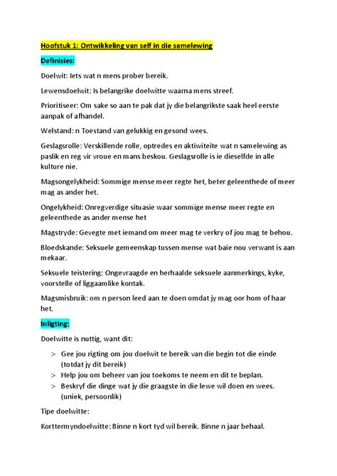 Kwartaal 1 En 2 Opsomming Hoofstuk 1 Ontwikkeling Van Self In Die