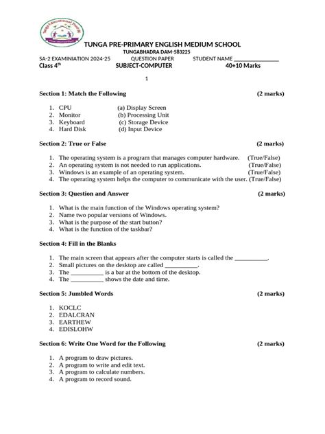 Class 4th Sa 2 Computer Qp 2024 25 Pdf Computer File Operating System