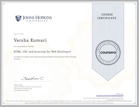 Completion Certificate For Html Css And Javascript For Web Developers Versha Kumari