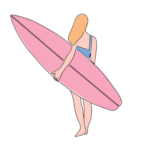 Continuous Line Drawing Of A Surfer Girl With A Surfboard One Line
