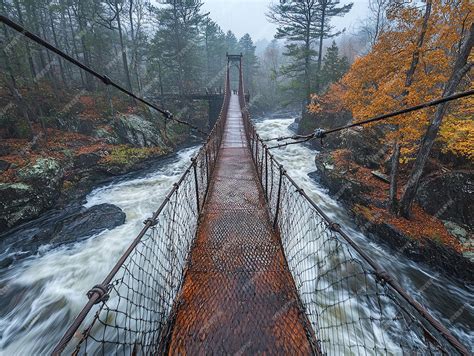 A Long Exposure Shot Of A Rustic Suspension Bridge Over A Fastflowing