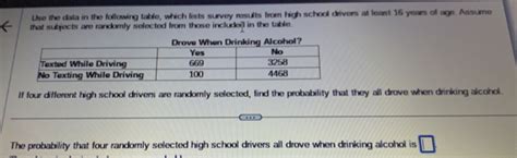 Use The Data In The Following Table Which Lists Survey Results From High School Drivers A [algebra]