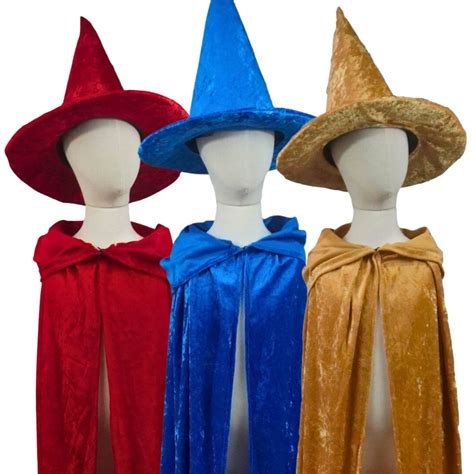Witch Or Wizard Costume Hooded Cape And Hat Set Blue Red Gold
