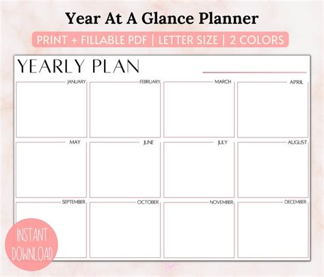 Year At A Glance Planner Printable Yearly Plan Template Etsy