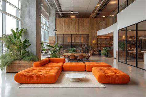 Modern Coworking Space Features Modular Furniture Orange Comfy Seating Areas Create