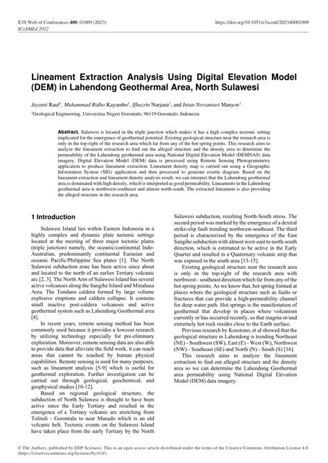 Pdf Lineament Extraction Analysis Using Digital Elevation Model Dem In Lahendong Geothermal