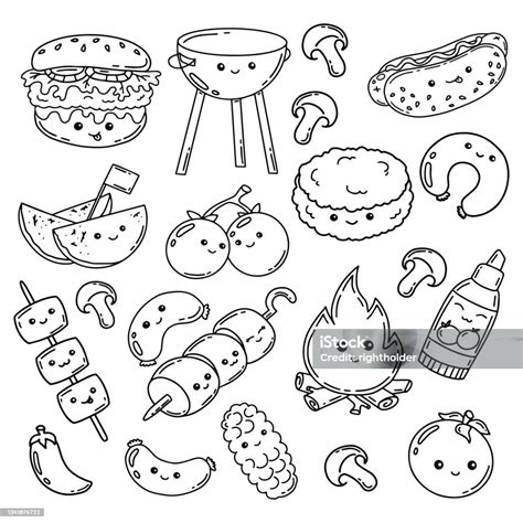 바베큐 테마 아이들을위한 색칠 공부 책 페이지 만화 스타일 흰색 배경에서 격리된 벡터 그림입니다 관광에 대한 스톡 벡터 아트 및