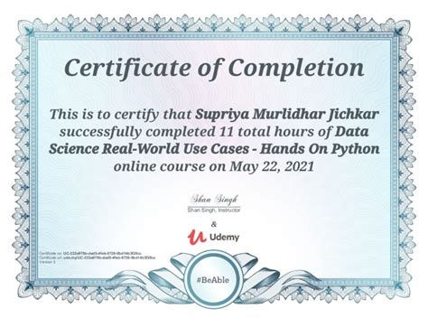 Successfully Completed Data Science Real World Use Case Hands On Python Online Course Supriya