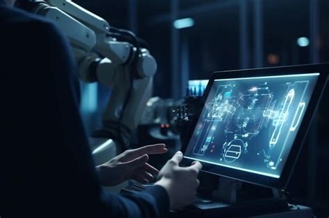 Premium Photo Technician Manager Industrial Engineer Controlling Roboticts On Monitoring