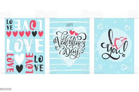 해피 발렌타인 데이 축 하 인사말 카드 세트입니다 고유 Brushpen 글자입니다 격리 된 요소 벡터 일러스트 레이 션 2월에 대한 스톡 벡터 아트 및 기타 이미지 Istock