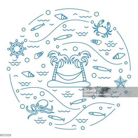문 어 물고기와 귀여운 벡터 일러스트 레이 션 섬 야자수와 해먹 헬 름 파도 조개 불가사리과 원에 배열 하는 게 갈고리 발톱에 대한 스톡 벡터 아트 및 기타 이미지 Istock