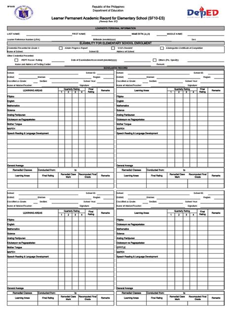 School Form 10 Es Learners Academic Permanent Record Pdf Schools