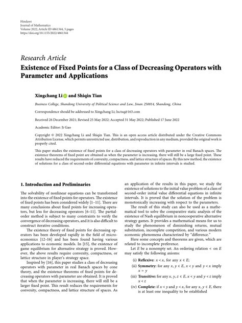 Pdf Existence Of Fixed Points For A Class Of Decreasing Operators With Parameter And Applications