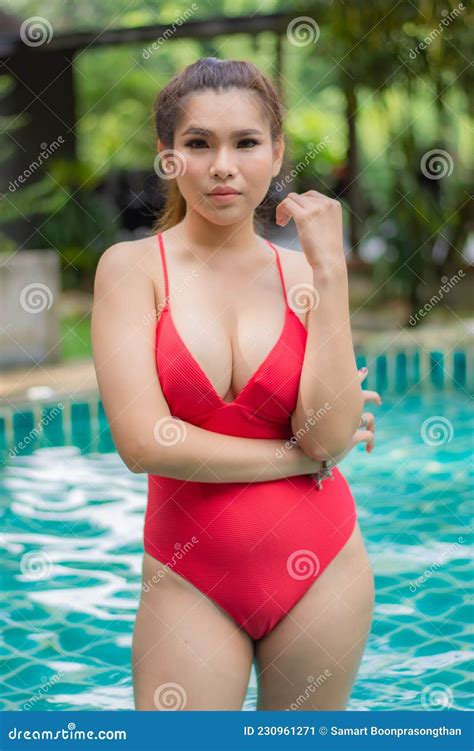 Portrait Of Asian Women Wear Swimsuits Background Swimming Pool Stock