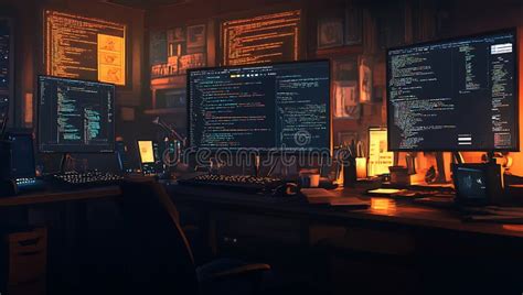 A Dark And Atmospheric Programmer S Workspace Featuring Multiple