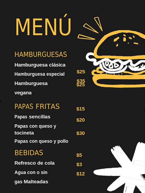 Menú Restaurante Comida Rápida Ilustrado Moderno Amarillo Negro Pdf