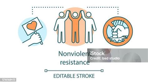비폭력 저항 개념 아이콘입니다 평화로운 사회 항의 평화주의 아이디어 얇은 라인 그림 심장과 시위자가 손을 들고 플래카드 벡터 고립 윤곽 그리기 편집 가능한 스트로크 개념에