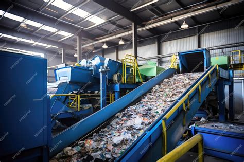 폐기물 분류 공장 다양한 가정 쓰레기로 채워진 다양한 컨베이어 및 통 컨베이어 폐기물 처리 및 재활용 폐기물 처리 공장 프리미엄 사진