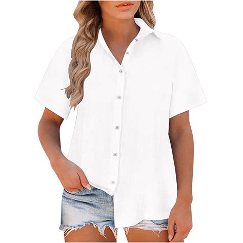 Blvb Linen Button Down Shirt Women Cotton Short Sleeve Blouses V Neck