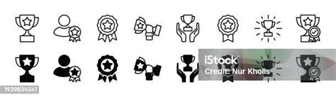 도전 과제 아이콘 얇은 선 아이콘 세트를 수여합니다 승리 트로피 보상 메달 우승자 상품 아이콘입니다 벡터 일러스트 레이 션 1위에 대한 스톡 벡터 아트 및 기타 이미지