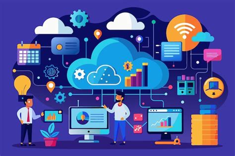 Premium Vector Illustration Depicting Two Men Working On Data Analytics And Cloud Computing