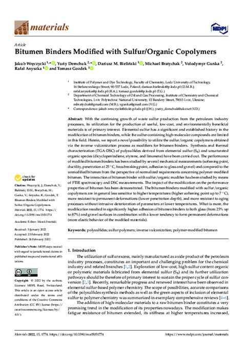 Pdf Bitumen Binders Modified With Sulfurorganic Copolymers