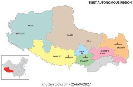 Administrative Divisions Tibet Autonomous Region Map Stock Vector