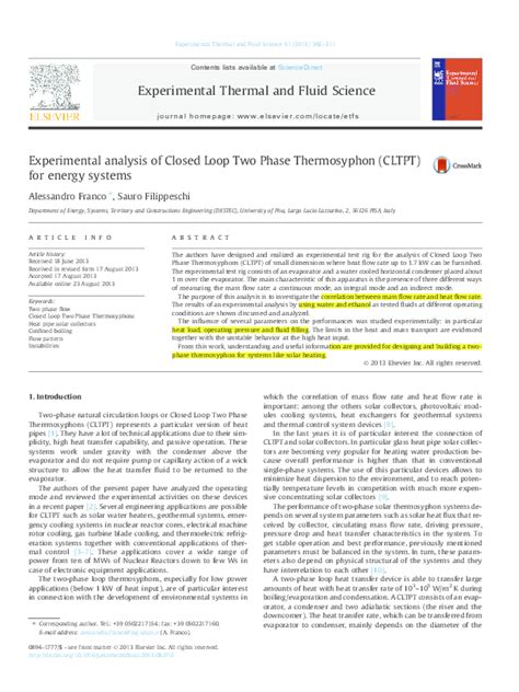 Pdf Experimental Analysis Of Closed Loop Two Phase Thermosyphon Cltpt For Energy Systems