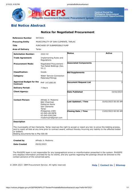 Notice For Negotiated Procurement Municipality Of San Clemente