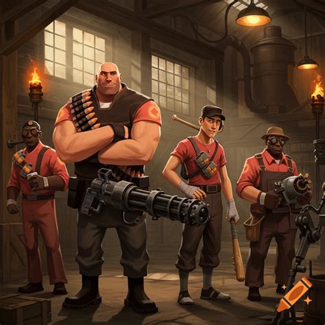 Four Stylized Mercenaries From Team Fortress 2 Stand In A Warehouse