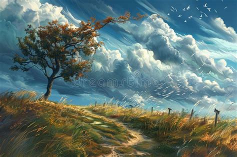 A Tree Swaying In The Wind Under A Cloudy Sky Illustrate A Piercing Wind Blowing Through A