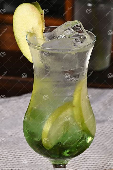 Apple Juice Alcoholic Drink With Green Apple And Pieces Of Natural Fruit Tropical Refreshing