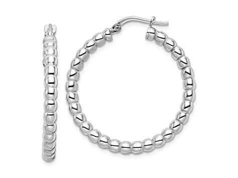 Rhodium Over Sterling Silver Polished 3mm Beaded Hoop Earrings 150h5a