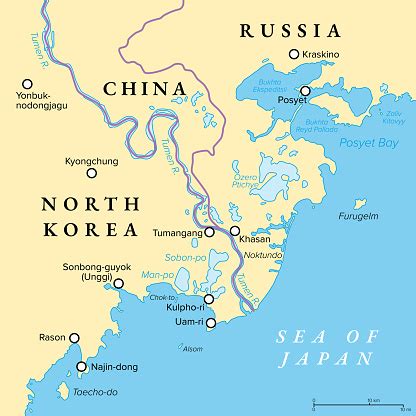 Tumen River Flowing On Noktundo Into Sea Of Japan Political Map Stock