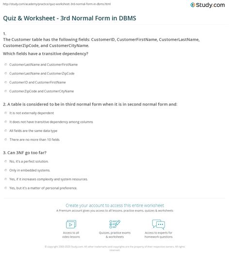 Quiz And Worksheet 3rd Normal Form In Dbms
