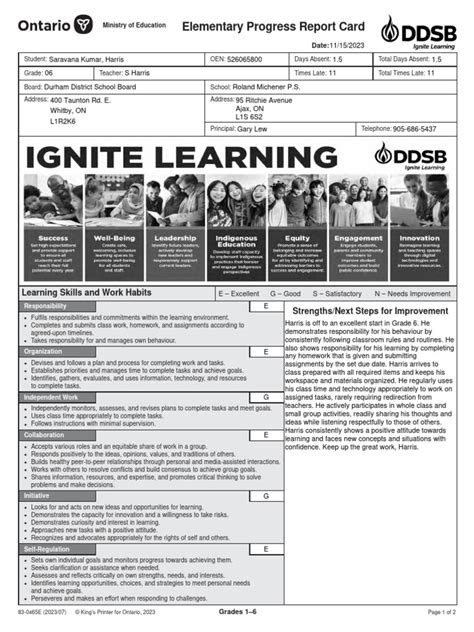Elementary Progress Report Card Learning Skills And Work Habits