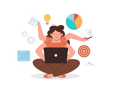 노트북 바쁜 멀티태스킹 작업에서 비즈니스 우먼 프리미엄 벡터