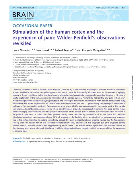 Pdf Stimulation Of The Human Cortex And The Experience Of Pain