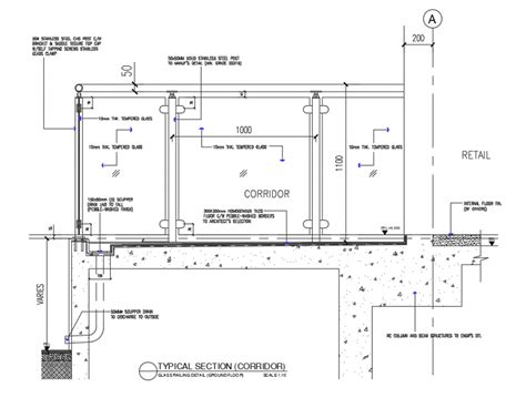 Corridor Typical Section Glass Railing Structure Cad Drawing Details Dwg File Artofit