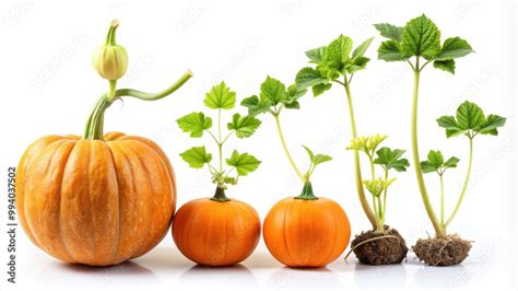 Sequence Of Pumpkin Plant Growth Stages Isolated On White Background Showcasing Evolution From