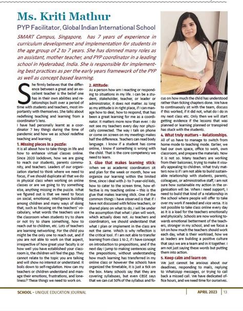 School Reformer On Linkedin Ms Kriti Mathur Pyp Facilitator Global Indian International