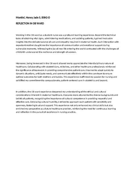 Reflection On Maternal Care Insights From Ob Ward Experience Bsn2 D