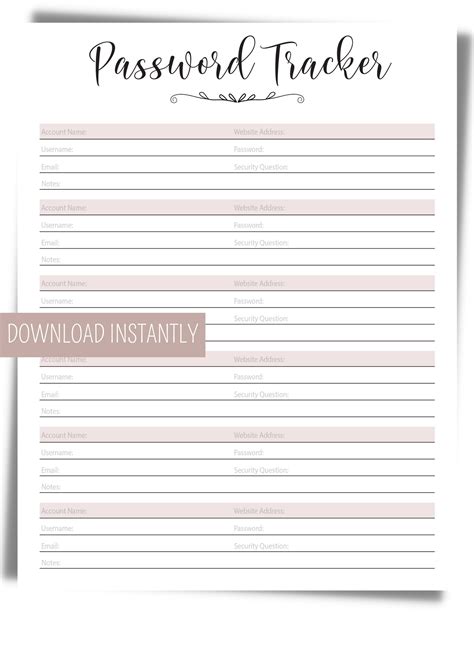 Printable Password Tracker Editable Password Tracker Password Log
