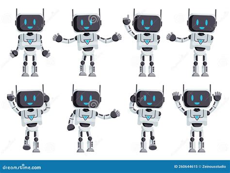 Robotic Characters Vector Set Design Robot Characters In Standing Pose And Waving Gesture