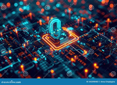 Cybersecurity Concept With Glowing Lock On Circuit Board In Futuristic Digital Environment Stock