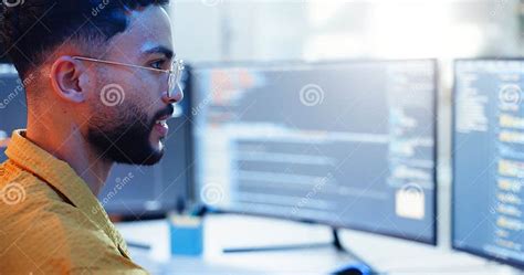 programming man or smile with computer screen for software development