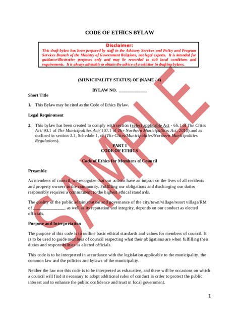 Sample Code Of Ethics Bylaw Doc Template Pdffiller