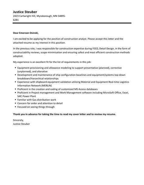 Construction Analyst Cover Letter Velvet Jobs